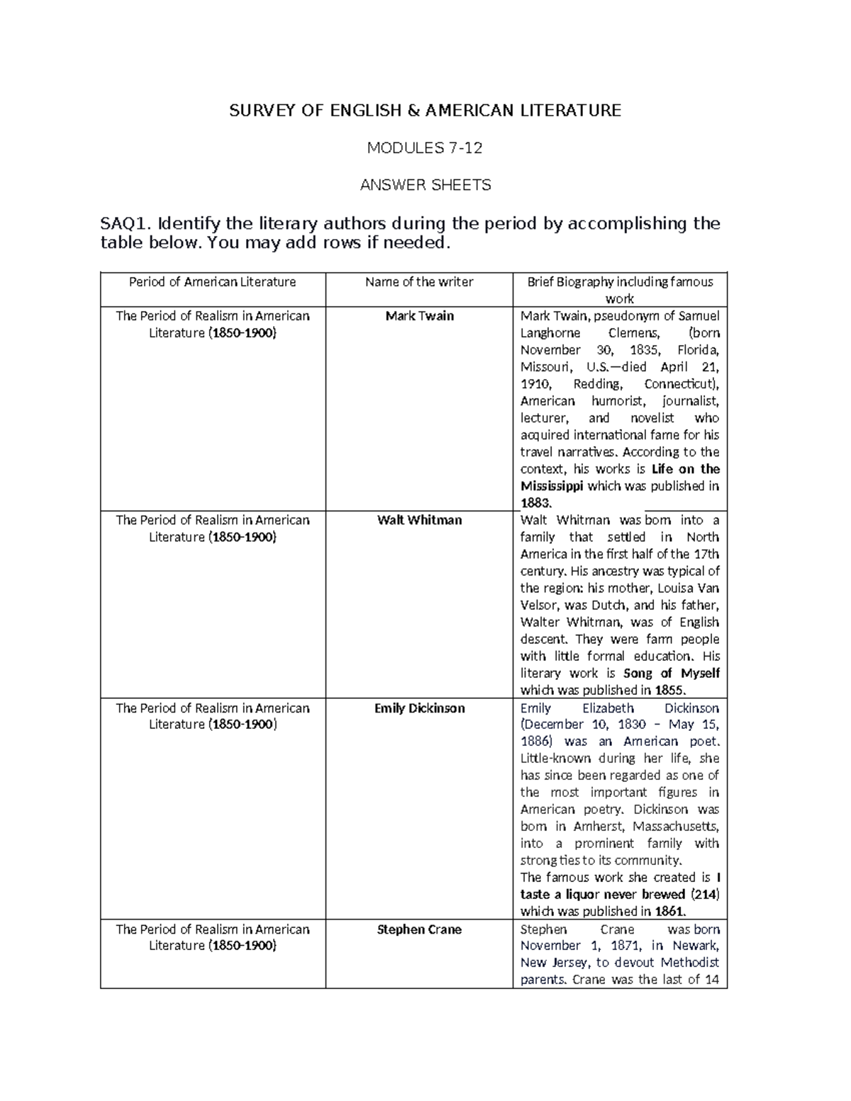 American Lit. Paronda 7-12 - SURVEY OF ENGLISH & AMERICAN LITERATURE ...