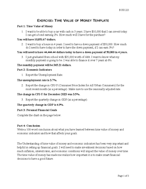 Exercise Time Value of Money Template - BUSI 223 EXERCISE: TIME VALUE ...