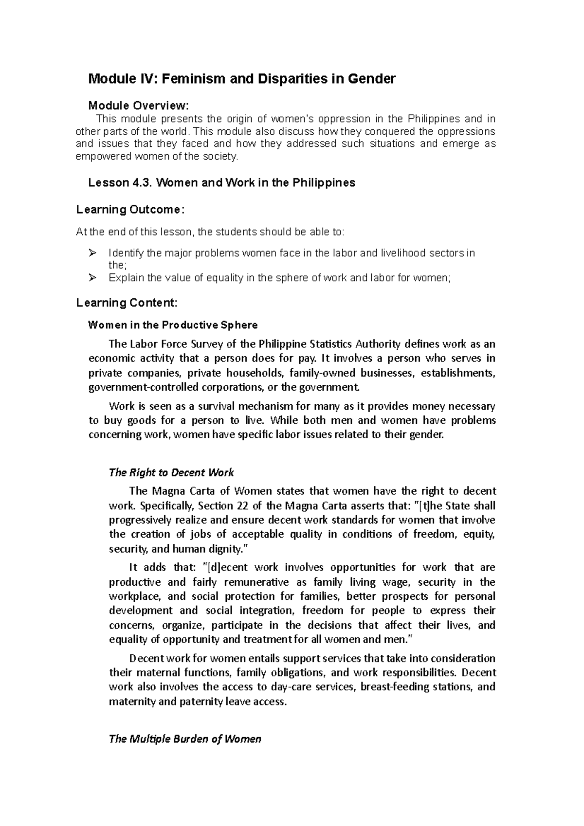 Module IV Week 11 - Women and Work - Module IV: Feminism and ...