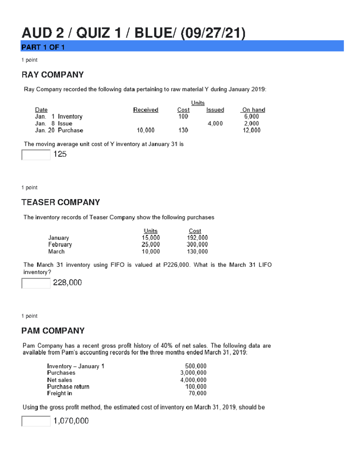 Auditing problems for Audit of inventory and Audit of Investments - AUD 2 / QUIZ 1 / BLUE/ - Studocu