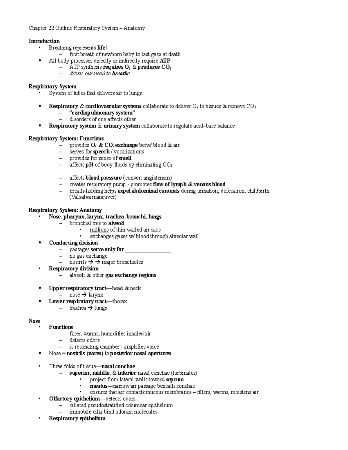 A&PII Chap22 Resp Anat - notes outline for matre - Chapter 22 Outline ...