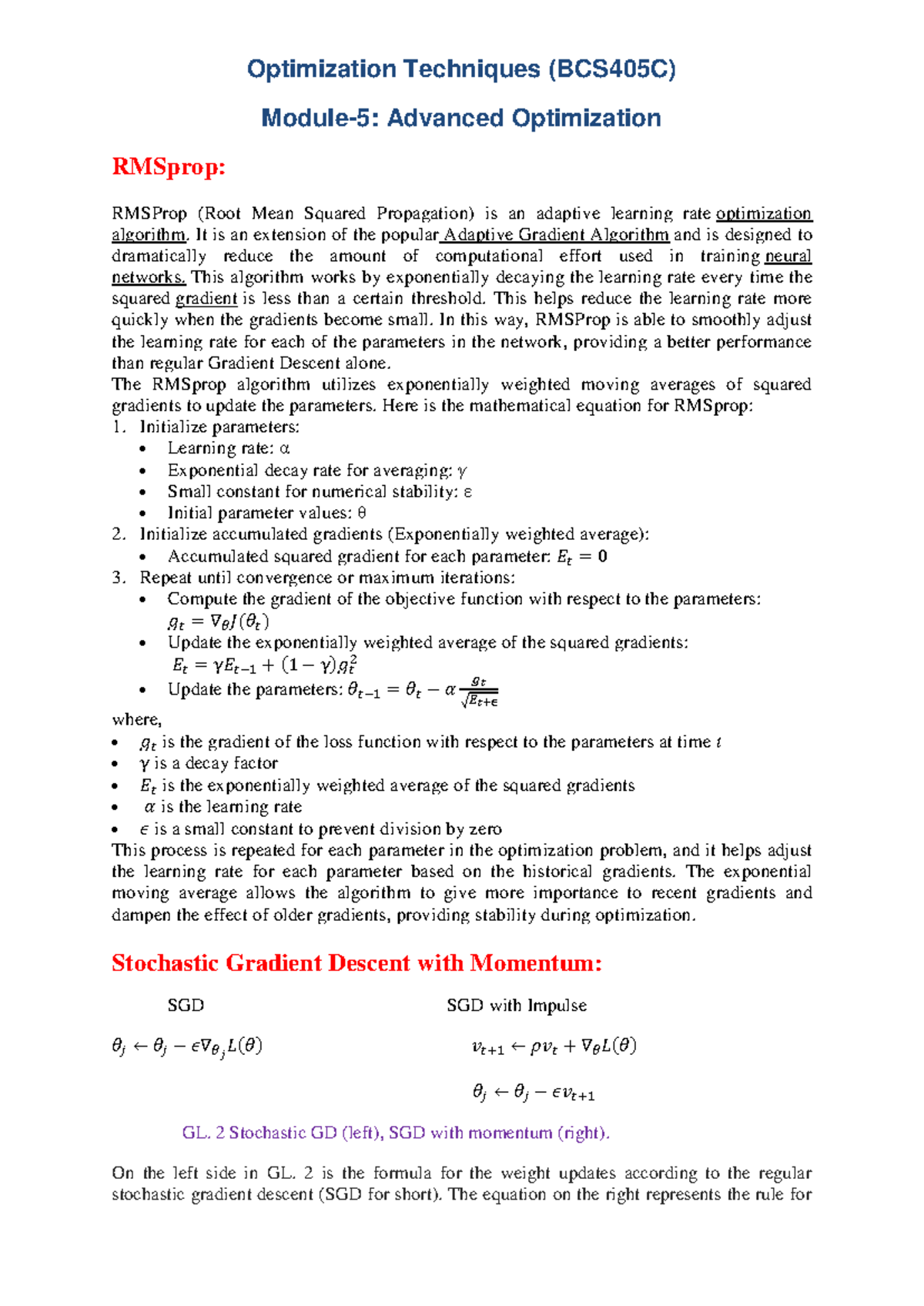 Module 5(BCS405C) - Optimization Techniques (BCS405C) Module-5: Advanced Optimization RMSprop ...