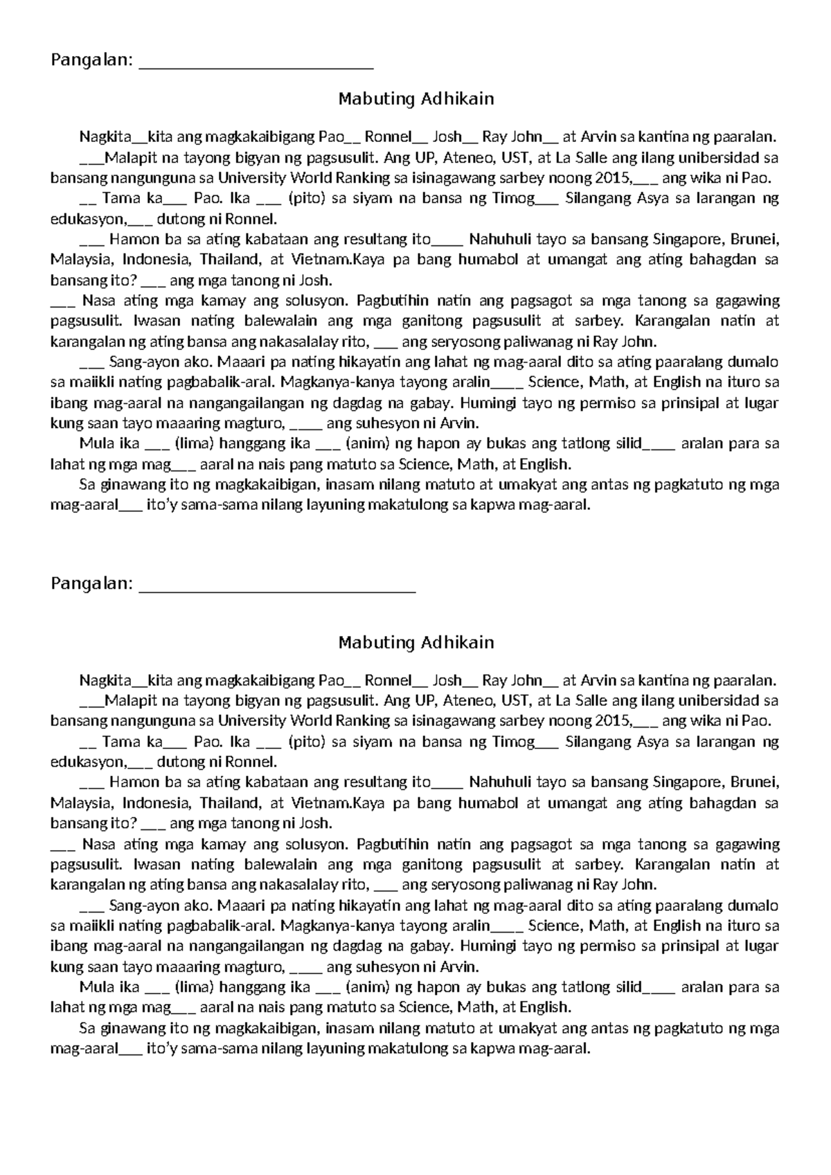 Mga bantas activity - FOR GUIDE - Pangalan ...