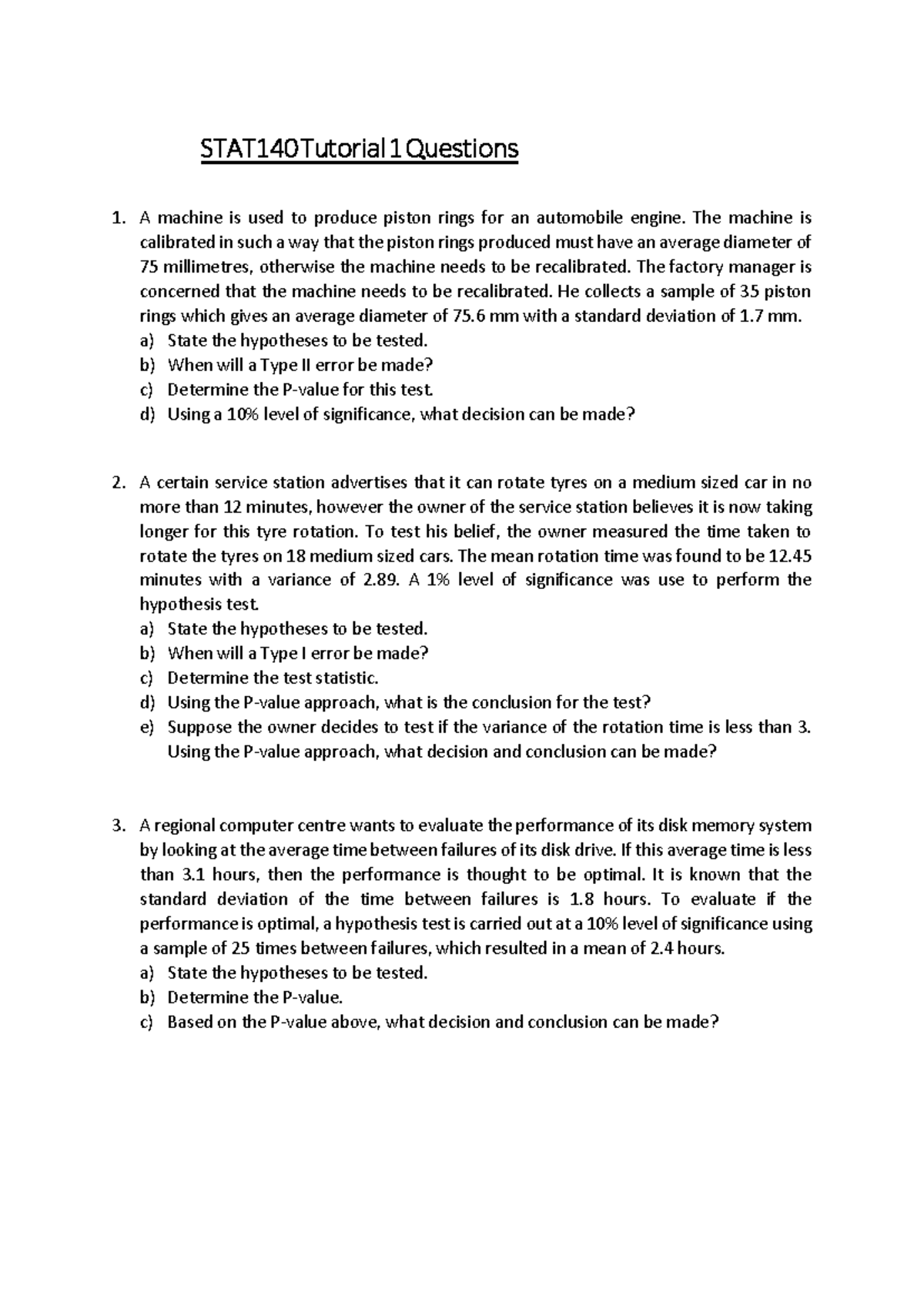 Tutorial 1 Questions(Ch1 One sample Tests) - STAT140 Tutorial 1 ...