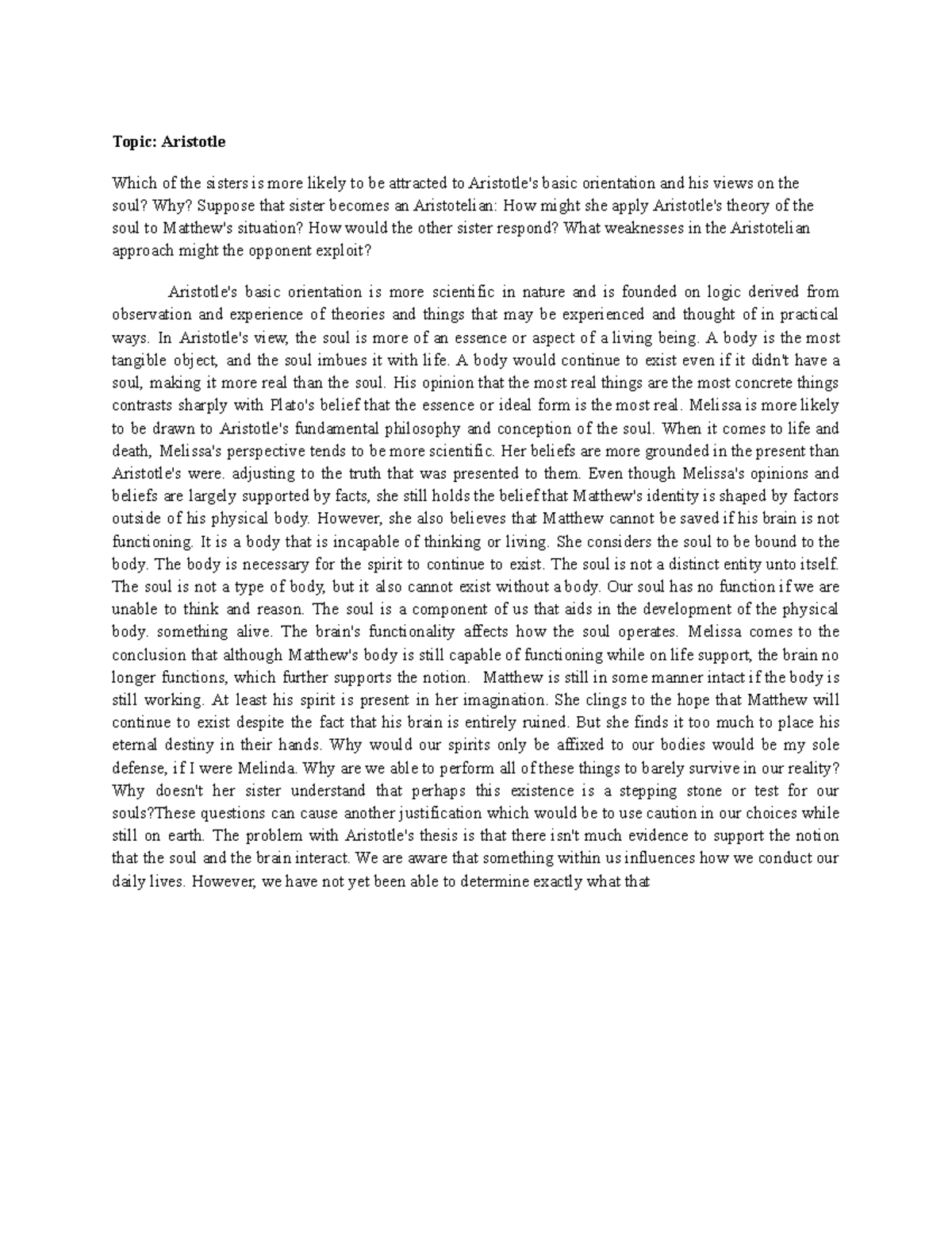 Essay 2 - Topic: Aristotle Which of the sisters is more likely to be ...