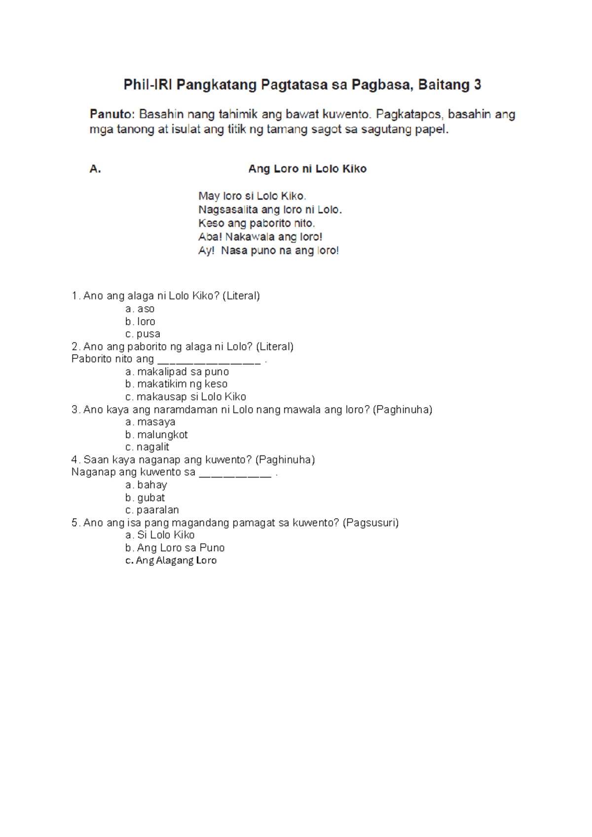 GST grade 3 test question pdf - Ano ang alaga ni Lolo Kiko? (Literal) a ...