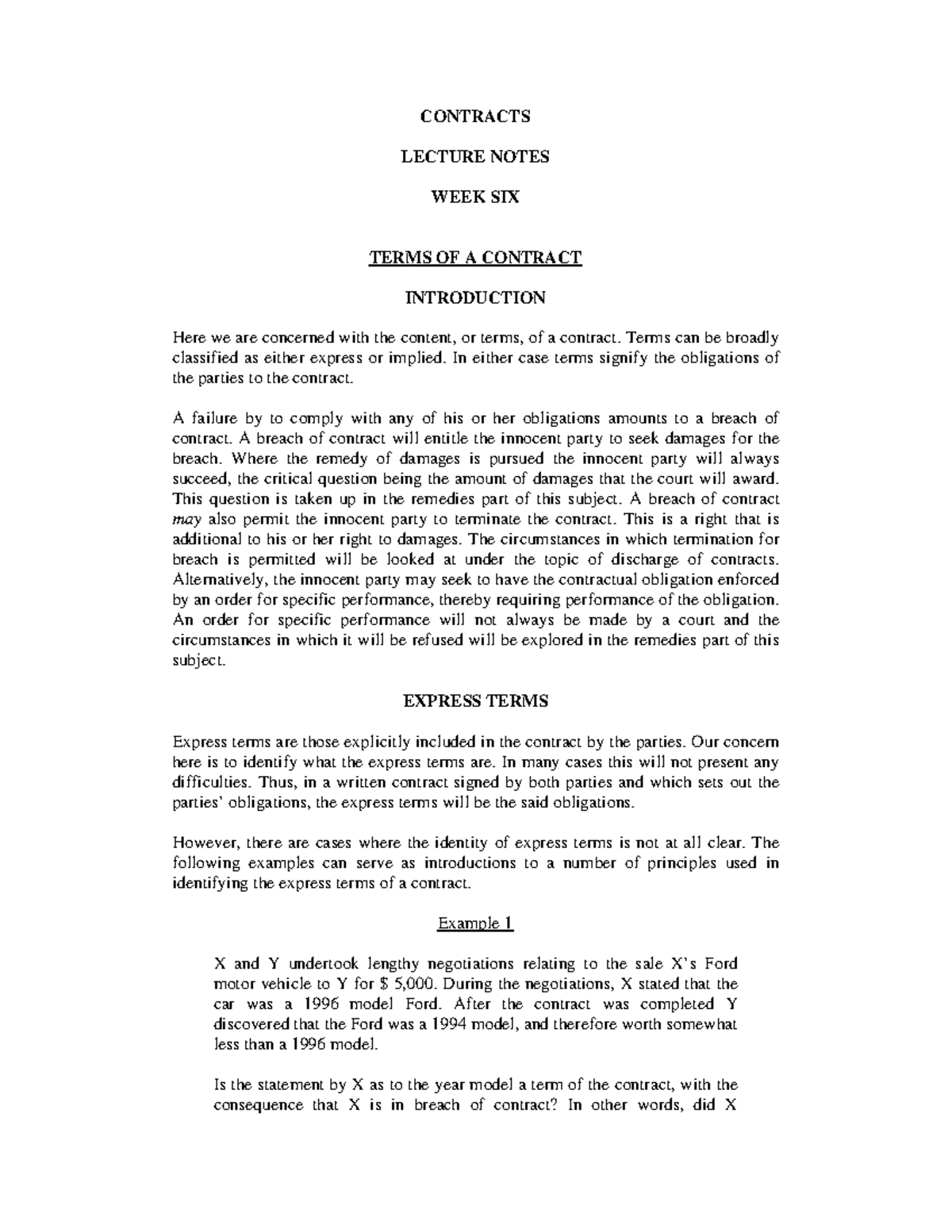 Lecture Notes Week 1 6 Contracts Lecture Notes Week Six Terms Of A Contract Introduction Here