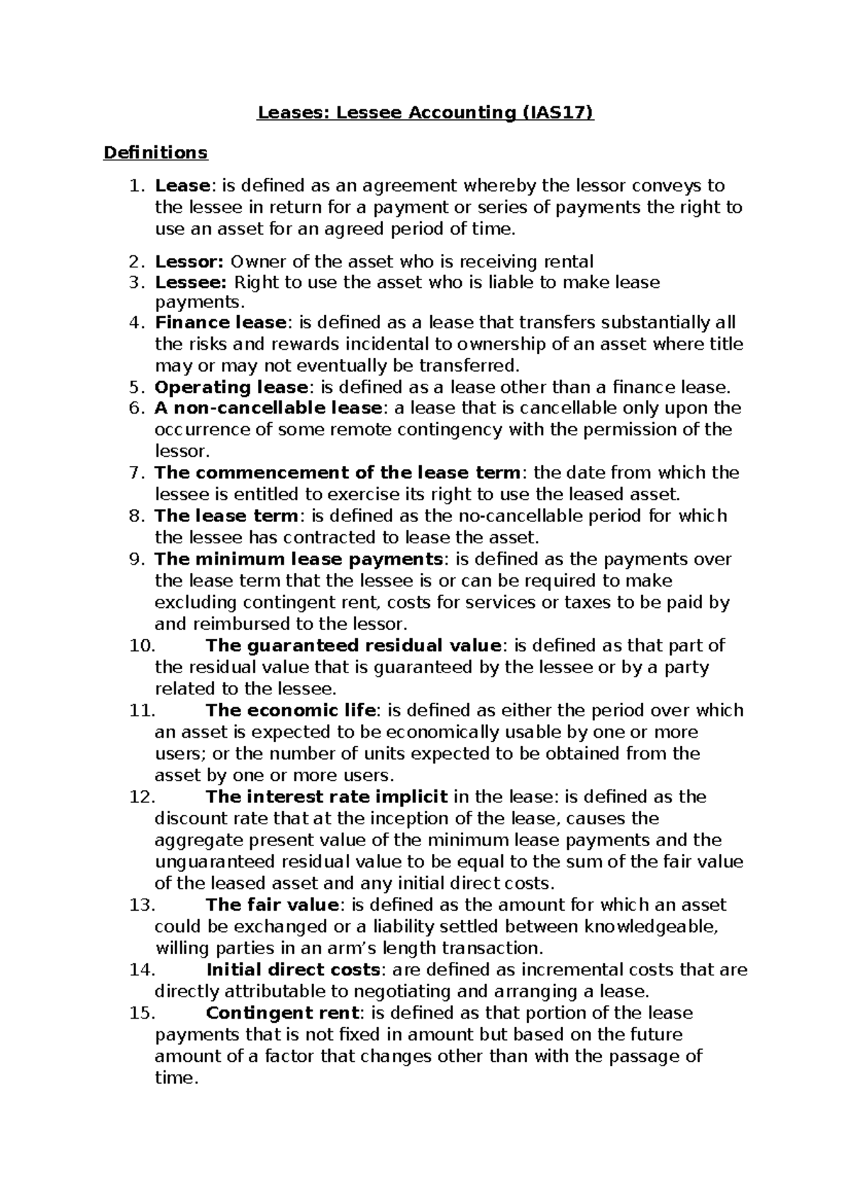 Lease notes - Accounting 36M0 - Leases: Lessee Accounting (IAS17 ...