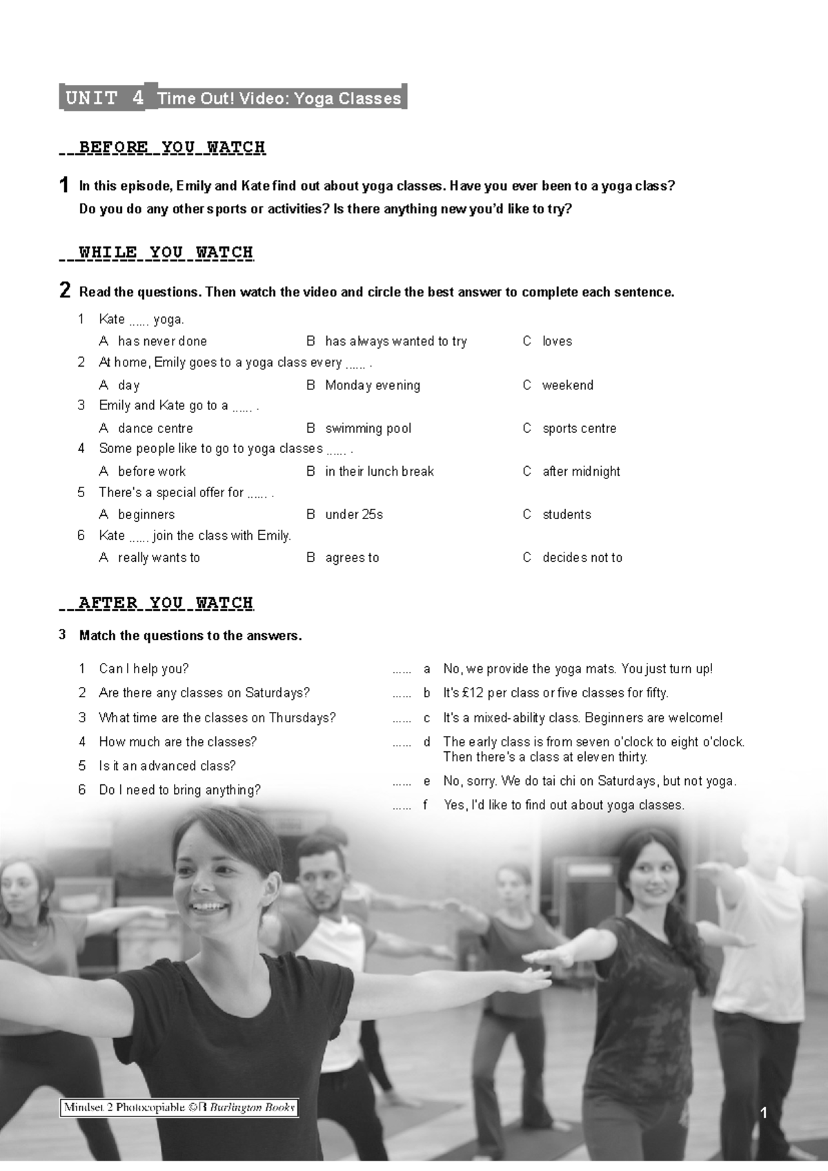 04Mindset 2 Time Out Video Worksheet 4 - UNIT 4 Time Out! Video: Yoga ...