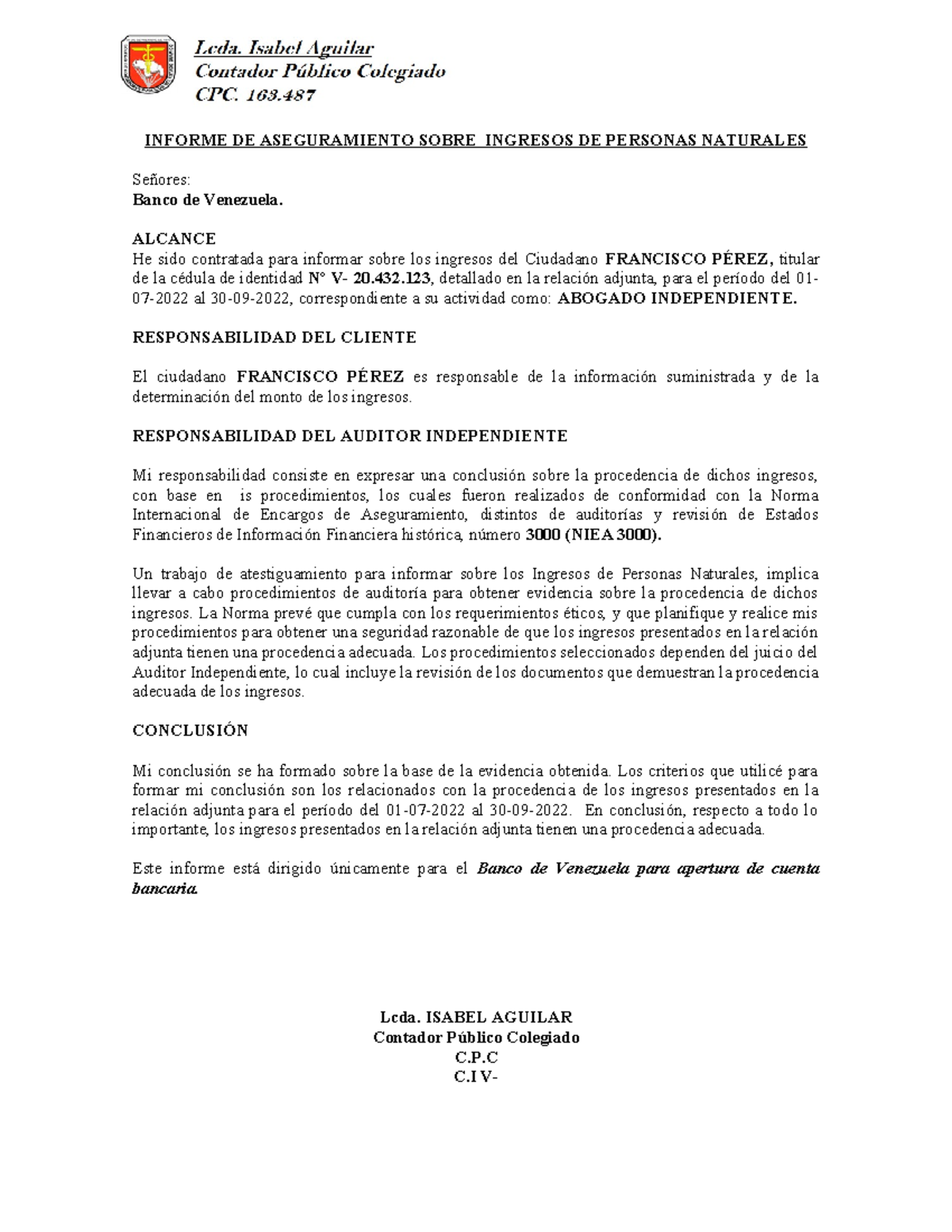 Certificación de Ingresos Francisco Perez - INFORME DE ASEGURAMIENTO ...