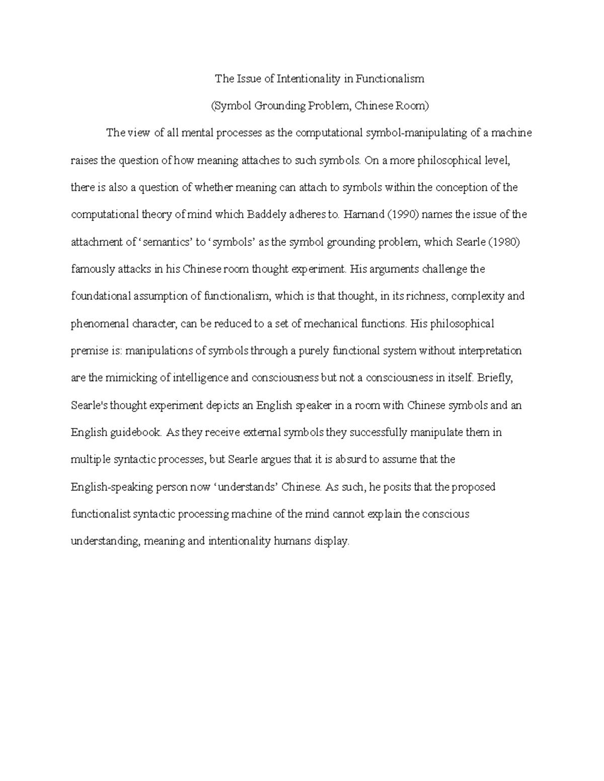 The Issue of Intentionality in Functionalism - On a more philosophical ...