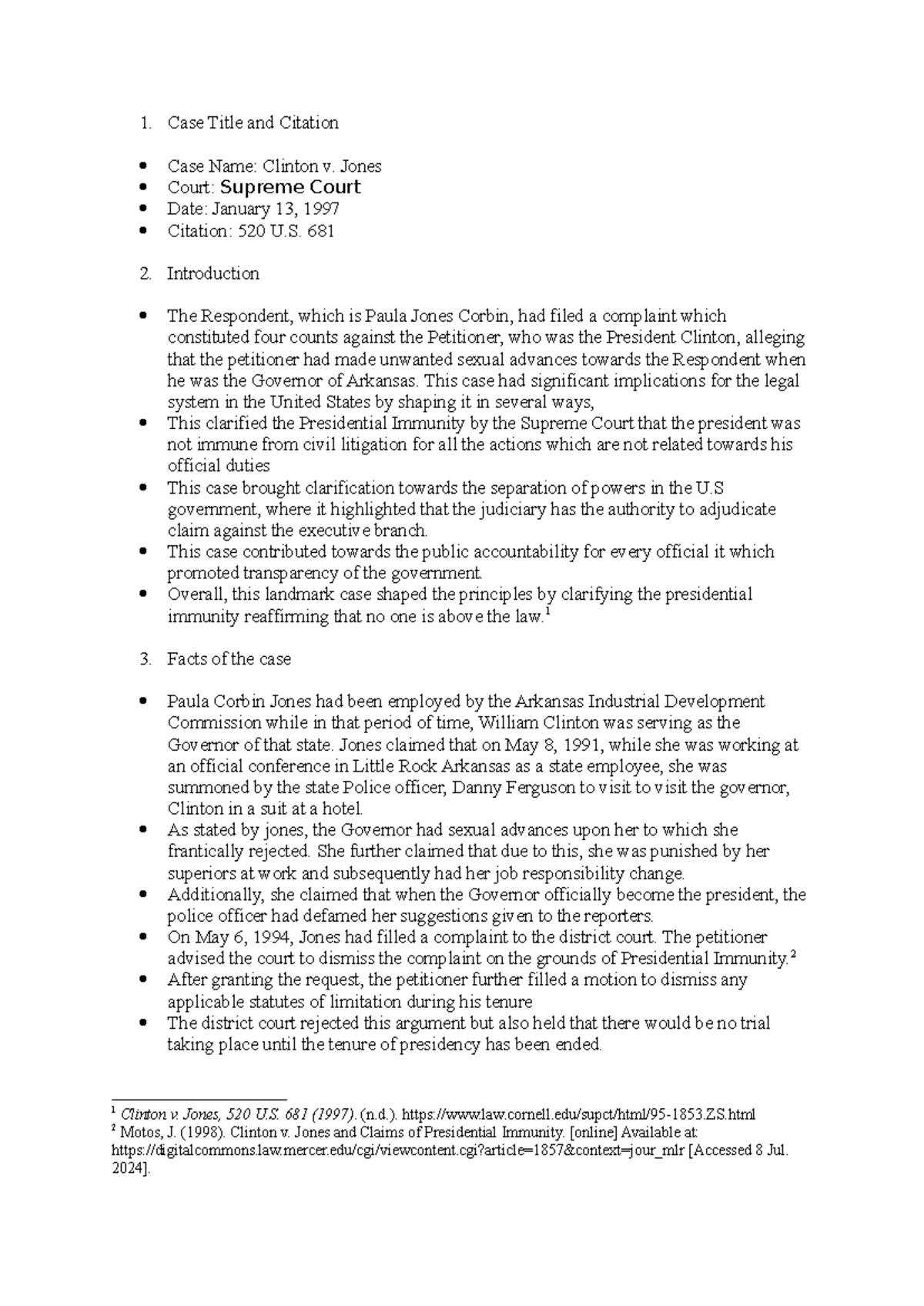 Clinton v. Jones - Summary BaLLB - 1. Case Title and Citation Case Name ...