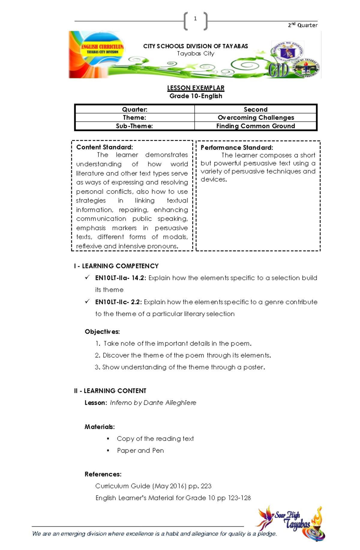 G10 English Lesson Exemplar 2nd Quarter - 2 nd Quarter CITY SCHOOLS DIVISION OF TAYABAS Tayabas ...