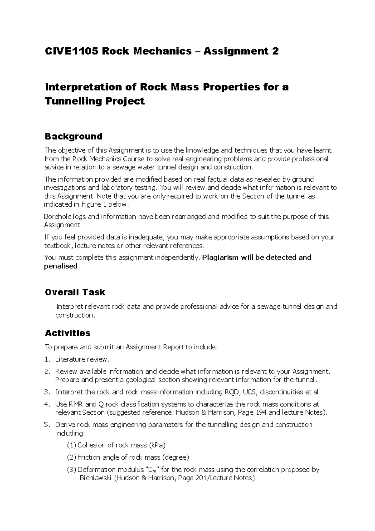 Assignment 2 Brief - CIVE1105 Rock Mechanics – Assignment 2 ...