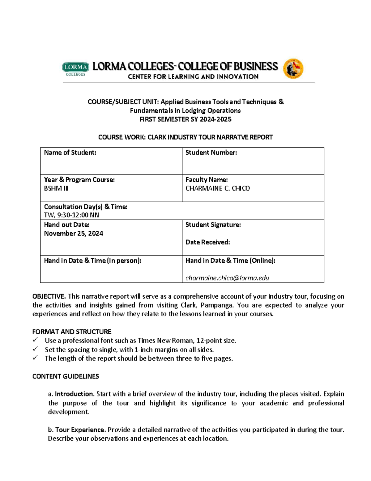 Coursework- Industry TOUR Narrative Report - COURSE/SUBJECT UNIT ...