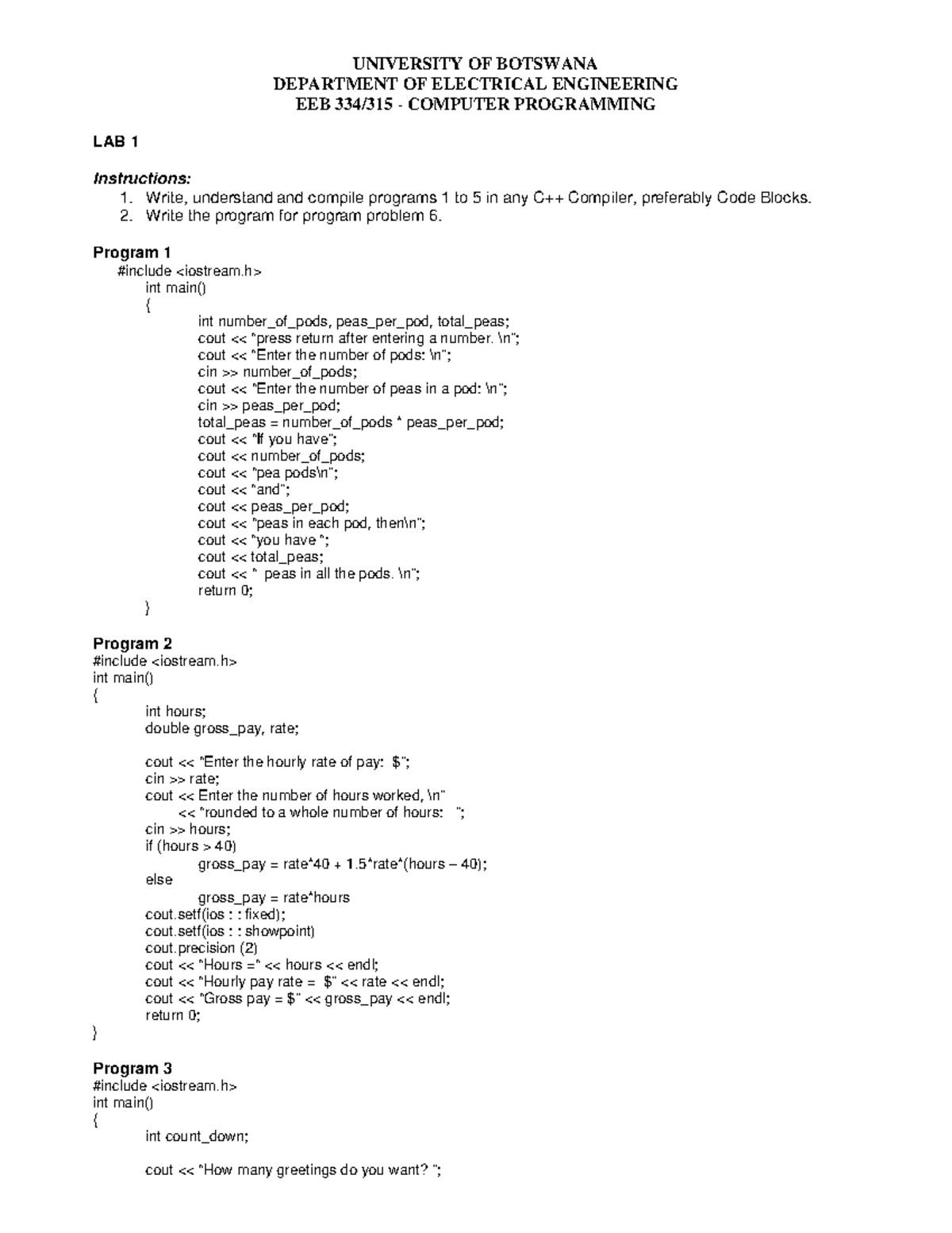EEB 334 LAB 1 2021 - xtra - UNIVERSITY OF BOTSWANA DEPARTMENT OF ELECTRICAL ENGINEERING EEB 334/ ...