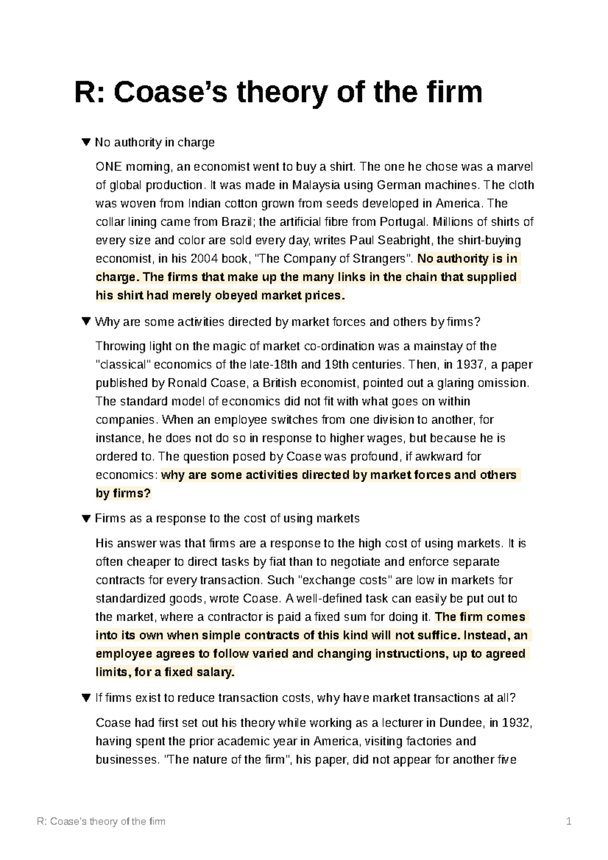 R Coases theory of the firm - R: Coase’s theory of the firm No ...