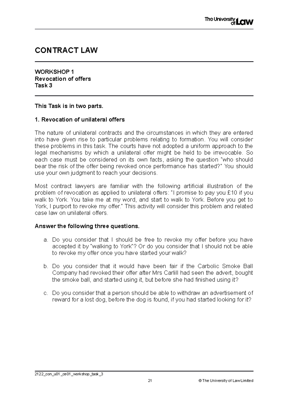 Unit 1 workshop task 3 - Revocation of offers - CONTRACT LAW WORKSHOP 1 ...