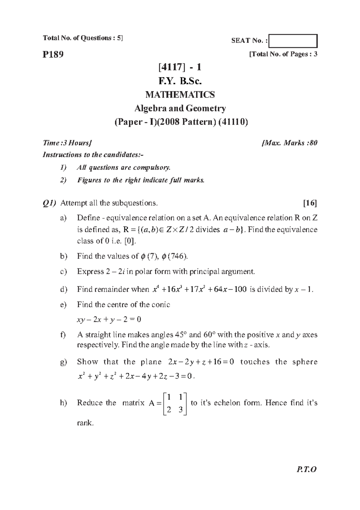 F. Y. B. S. C - Engineering mathematics - Total No. of Questions : 5 ...