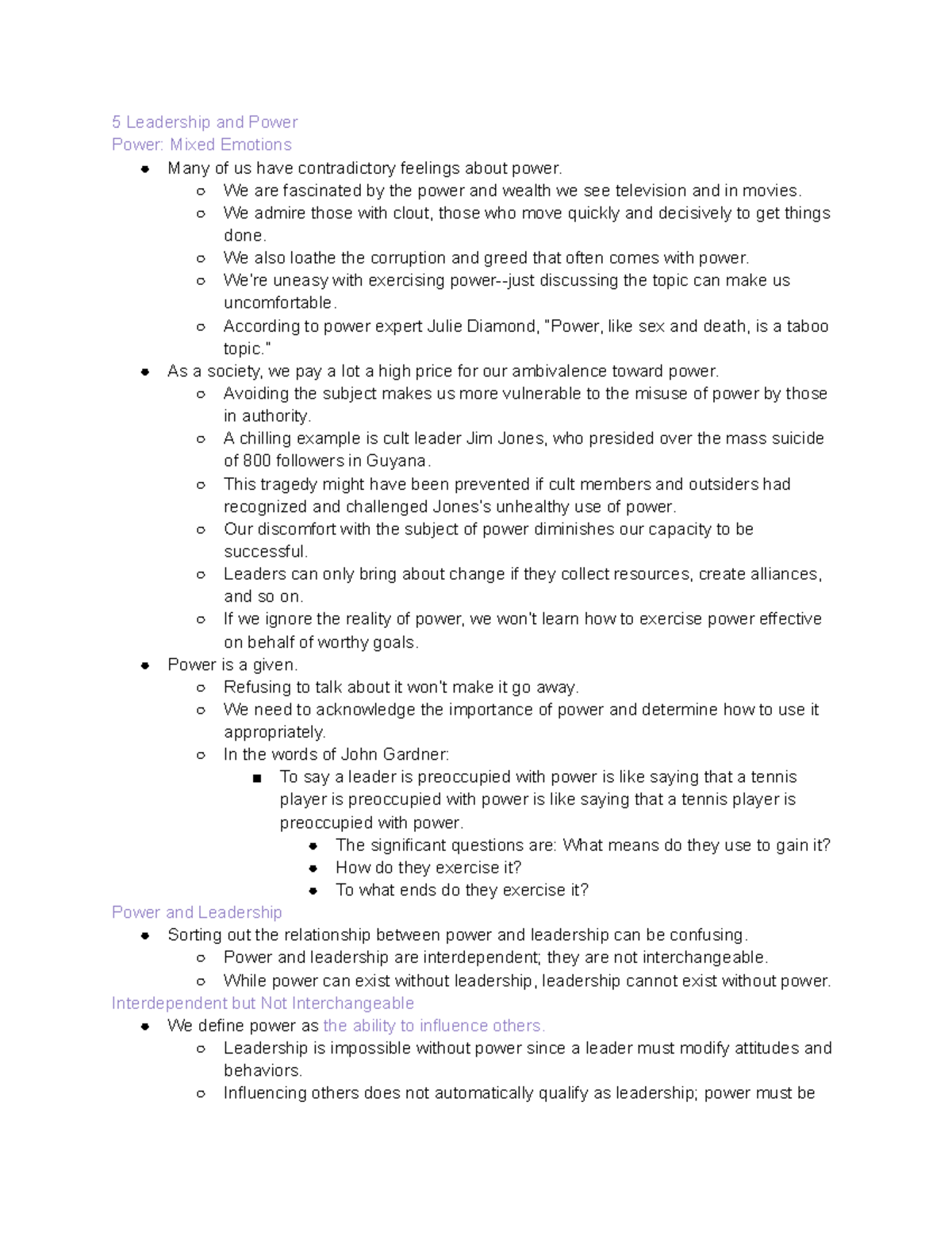 OGL 200 Chapter 5 Notes - Leadership - 5 Leadership and Power Power ...