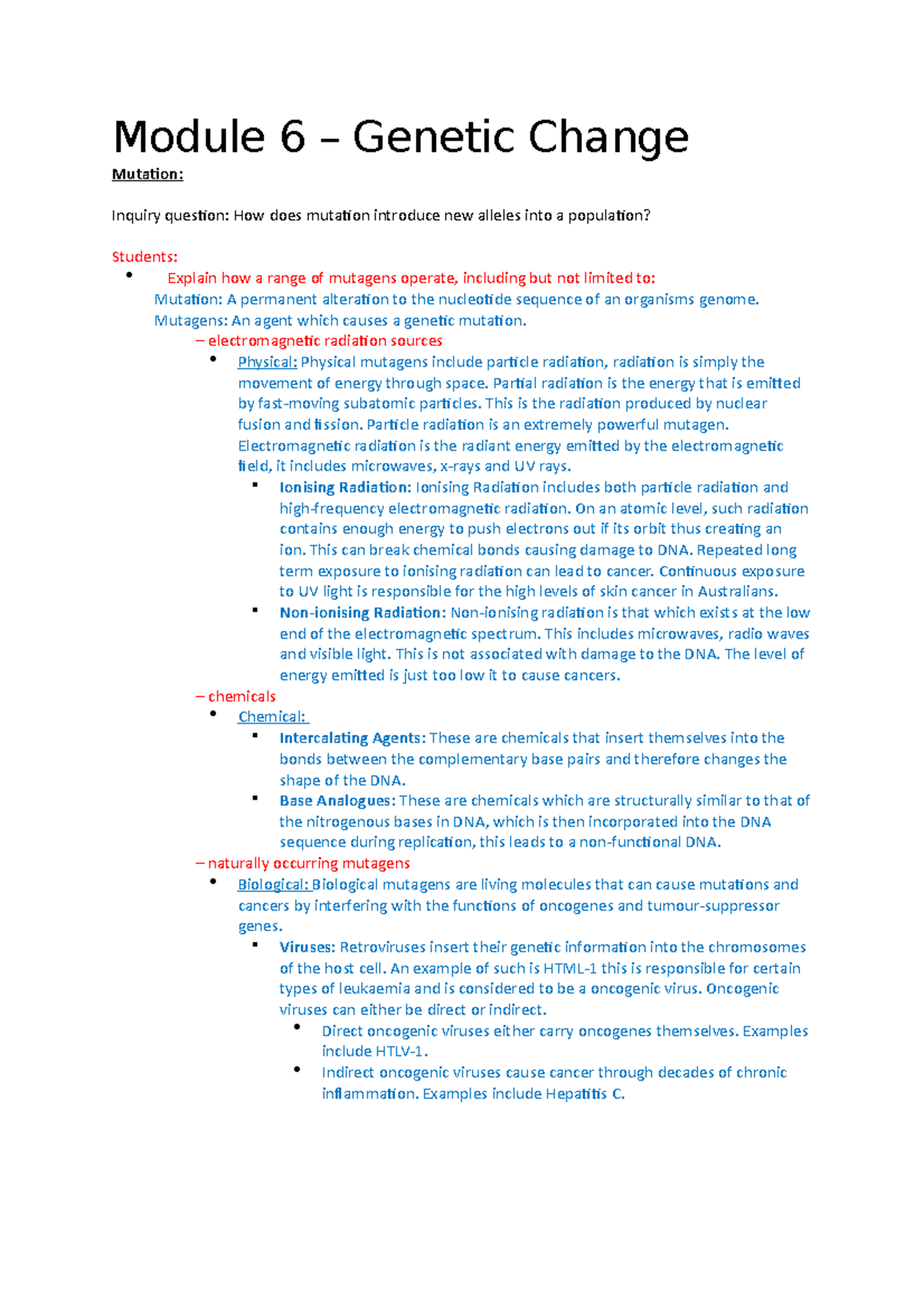 Biology Module 6 - Genetic Change Summary - Module 6 – Genetic Change ...