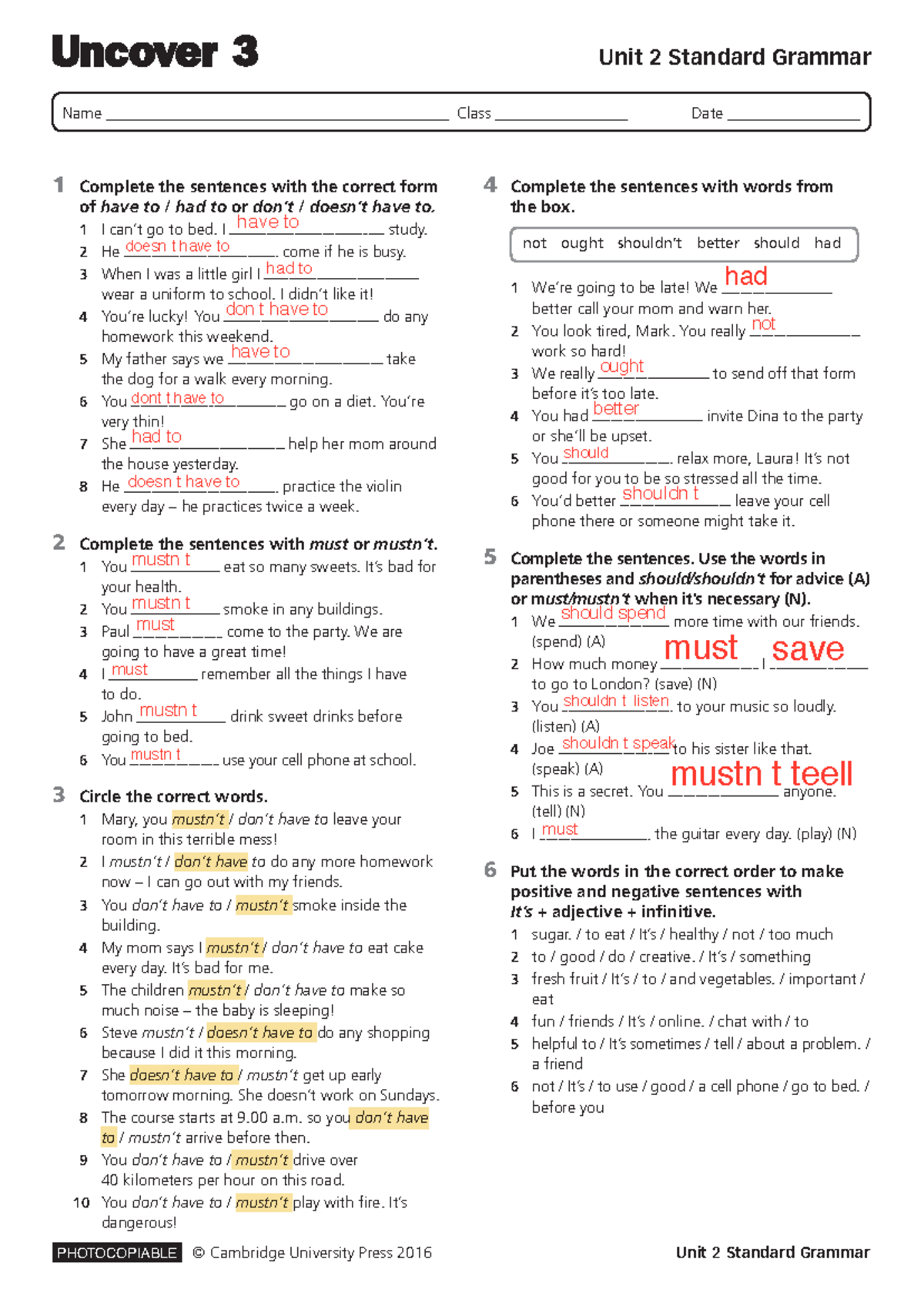 7th Unit 2 Standard Grammar - Name Class Date PHOTOCOPIABLE © Cambridge ...