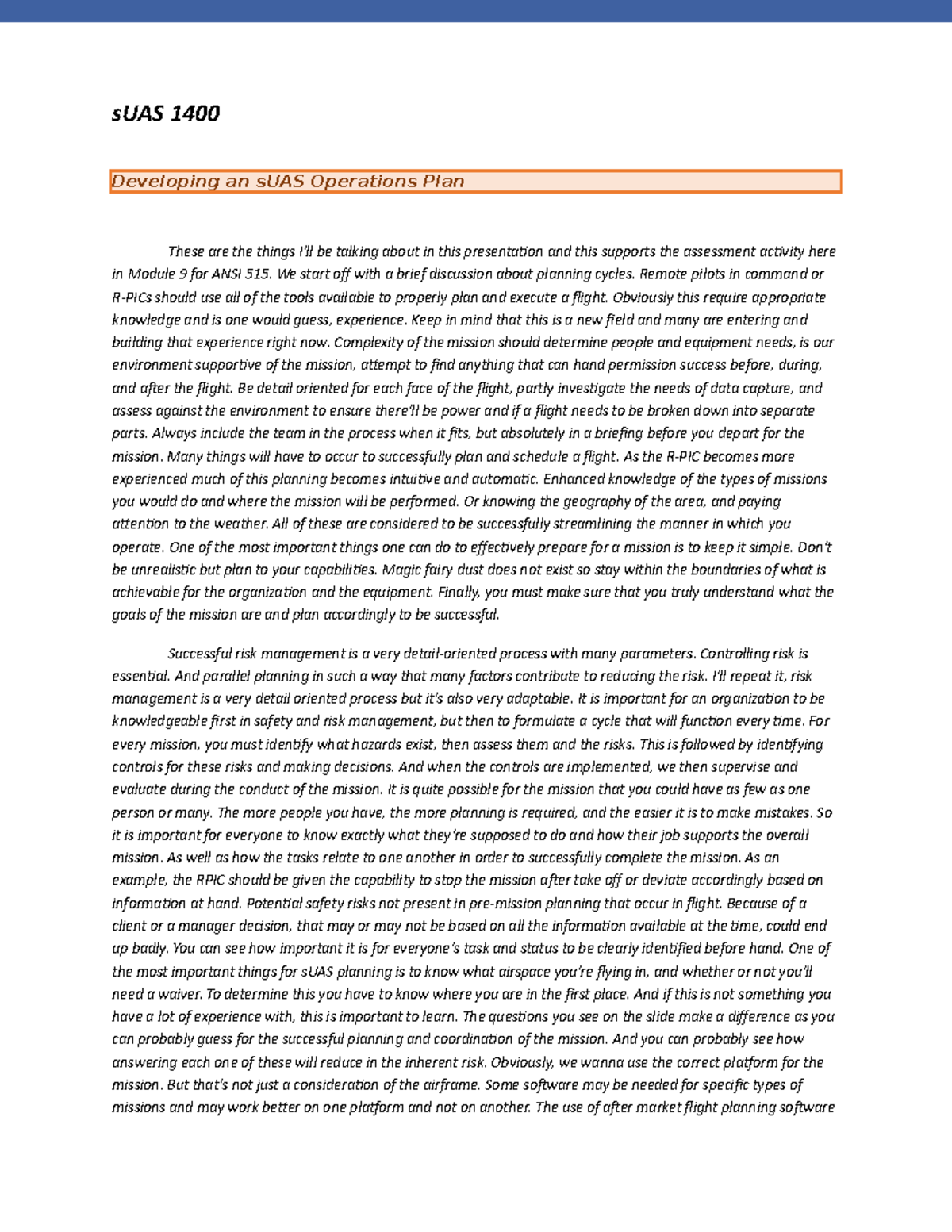 Developing an s UAS Operations Plan - ? sUAS 1400 Developing an sUAS ...