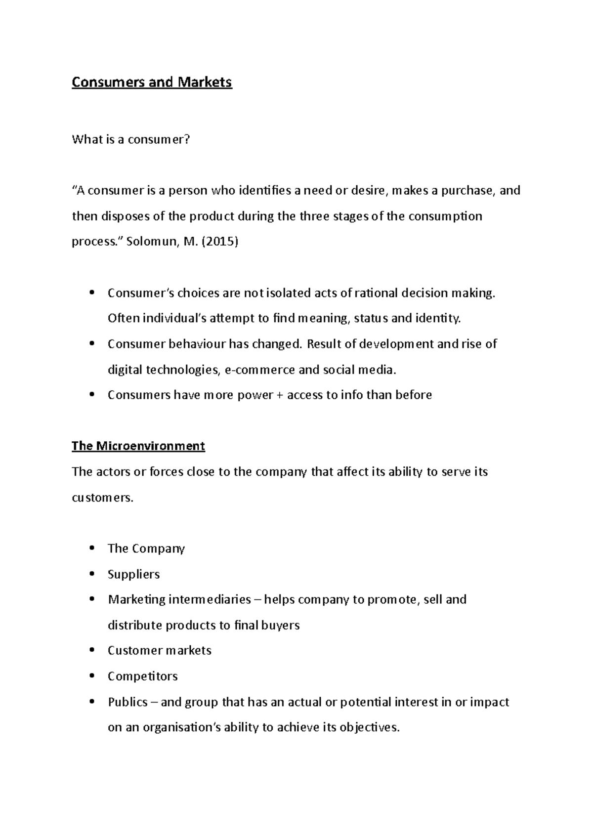 Consumers and Markets - Lecture notes ALL - Consumers and Markets What ...