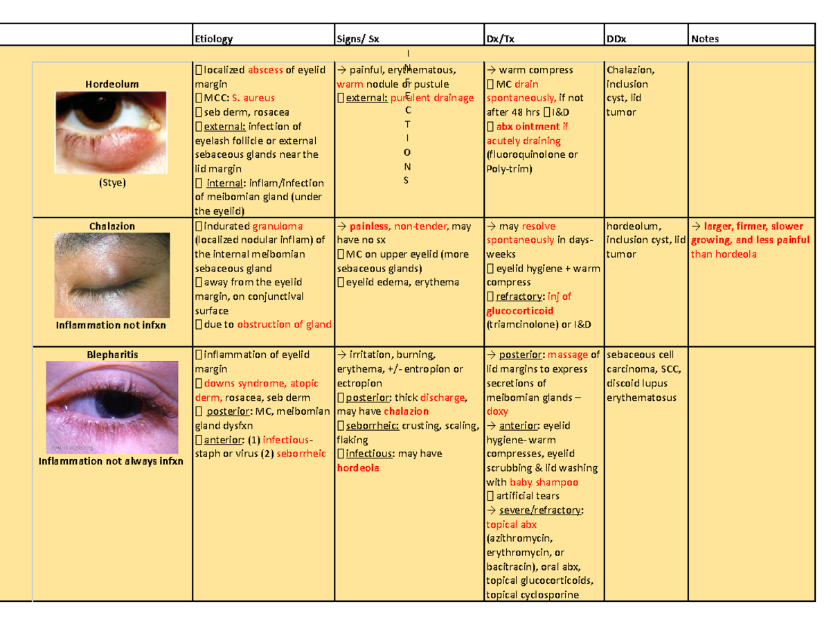 Ophthal Chart - Etiology Signs/ Sx Dx/Tx DDx Notes I N F E C T I O N S ...