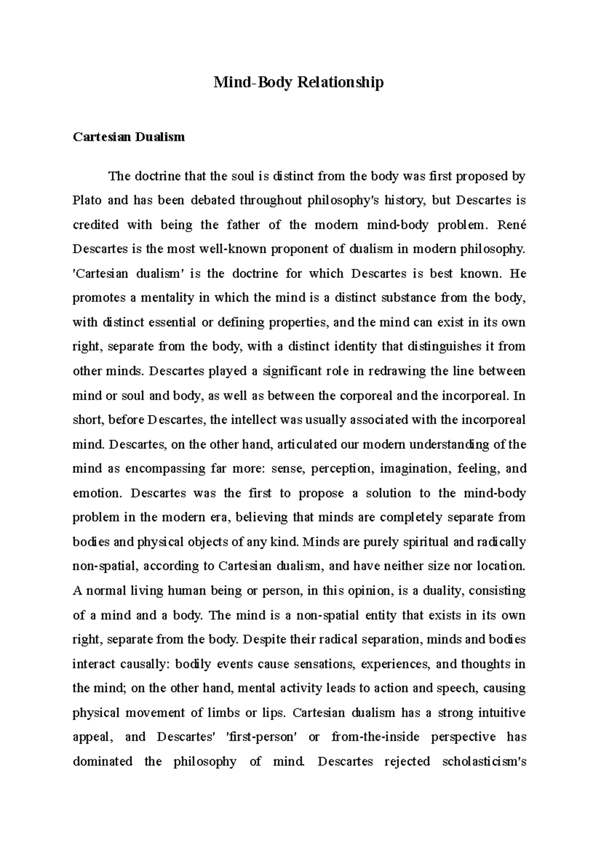 Mind-Body Relationship - Mind-Body Relationship Cartesian Dualism The ...