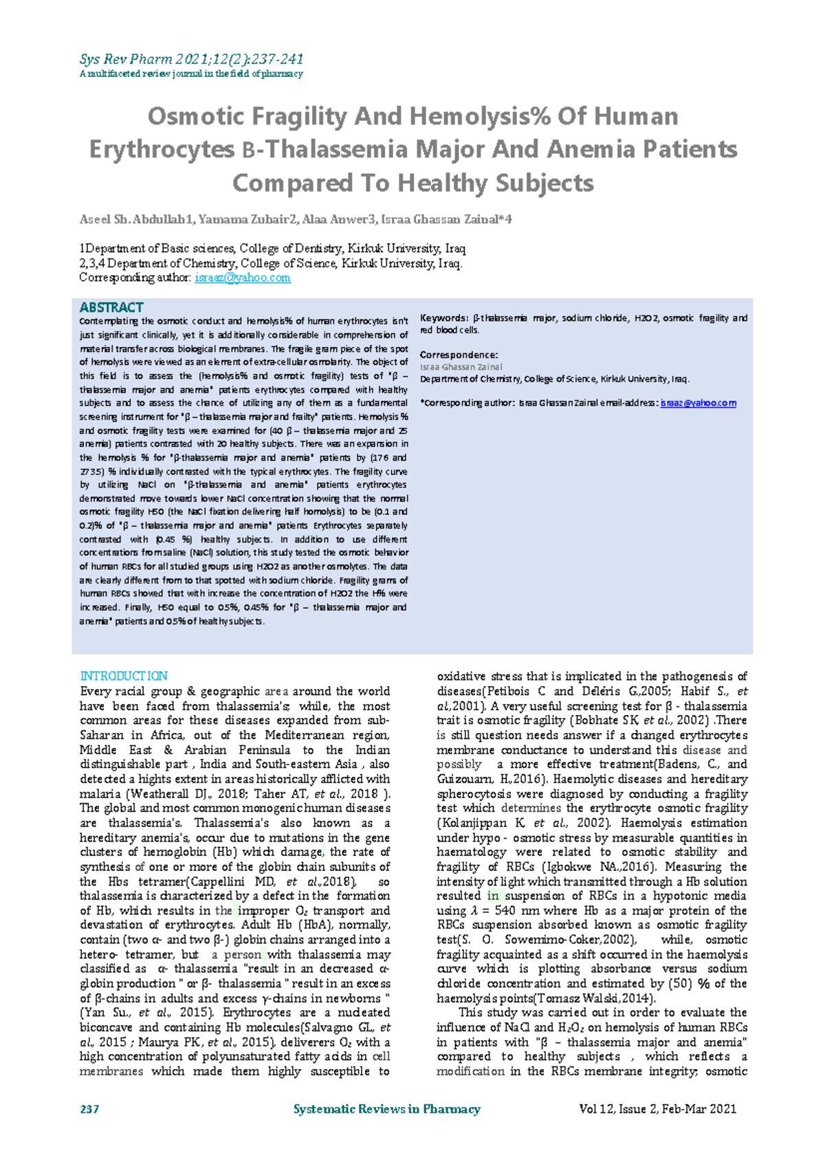 Osmotic fragility and hemolysis of human erythrocytes thalassemia major ...