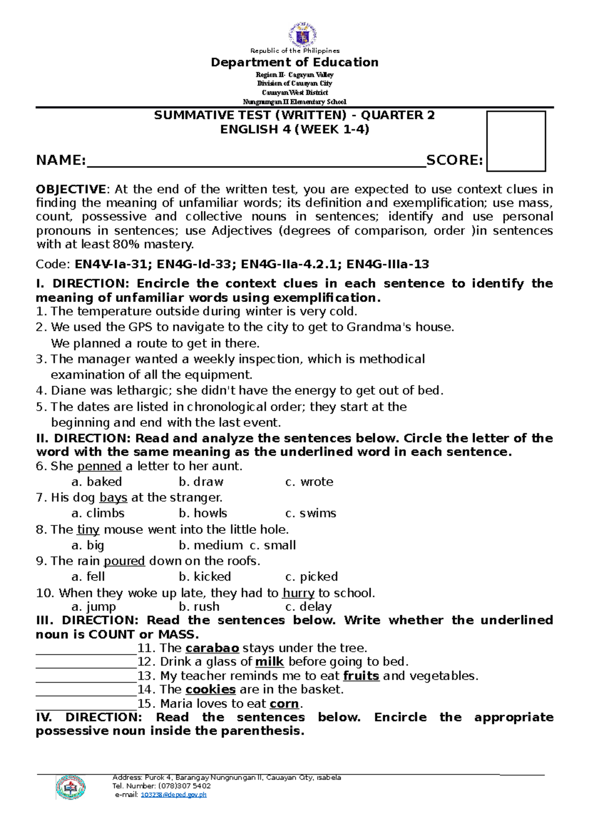 Week 1&2 - SUMMATIVE TEST QUARTER 2 GRADE 4 - Republic of the ...