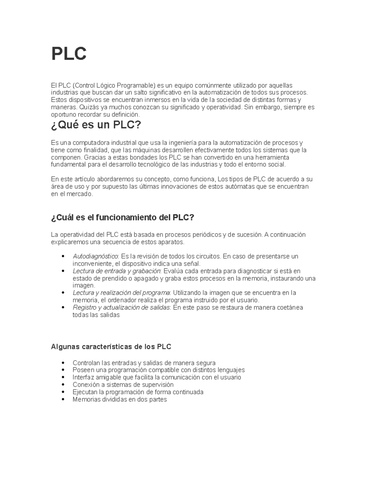 PLC - resumen de PLC - PLC El PLC (Control Lógico Programable) es un ...