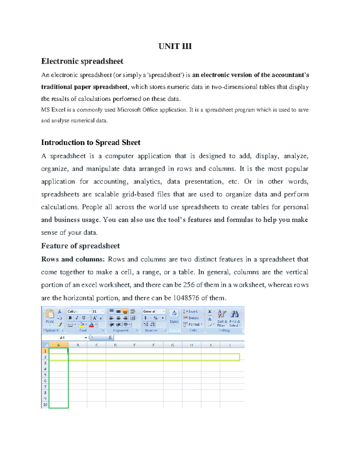UNIT3 - It is useful to a students - UNIT III Electronic spreadsheet ...