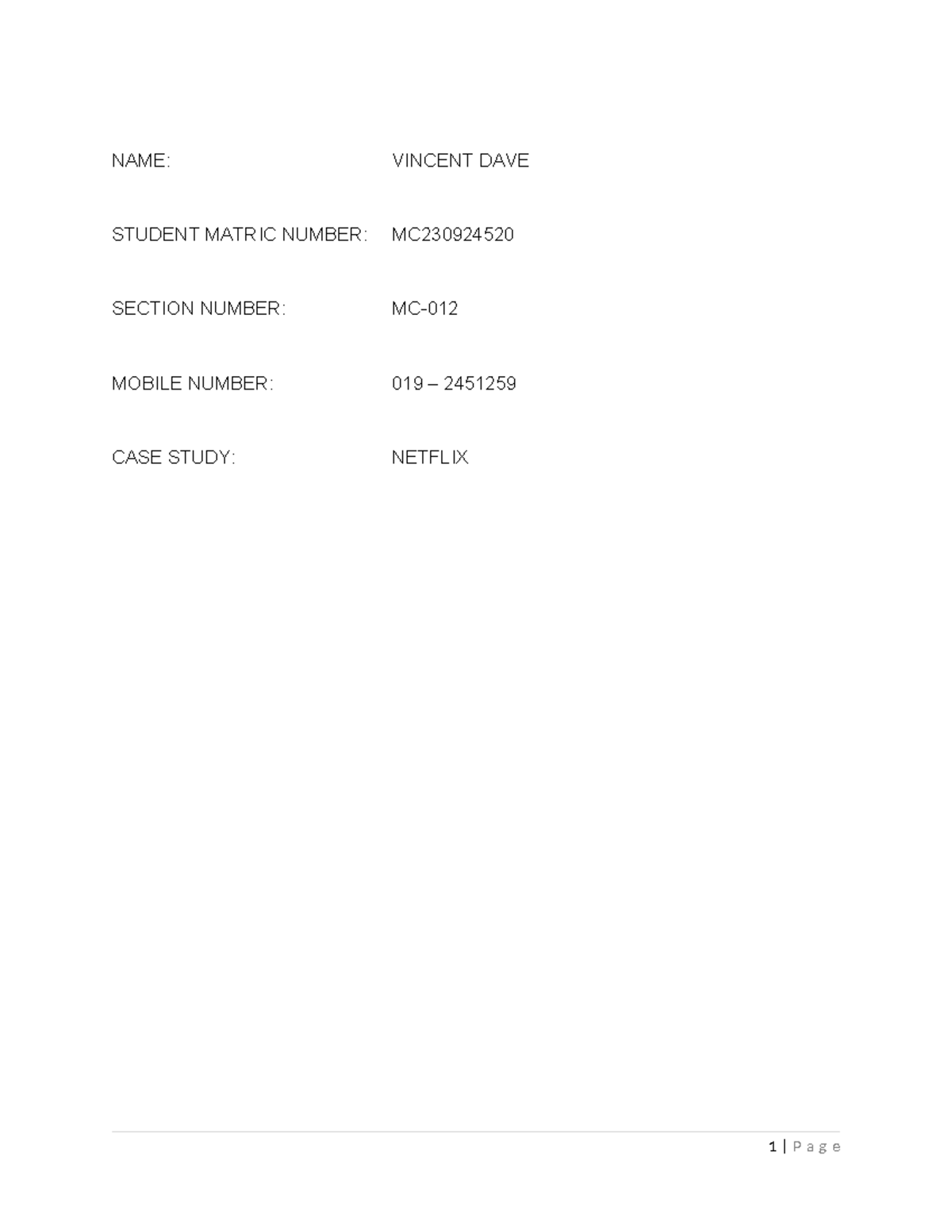 S H R M.case study - NAME: VINCENT DAVE STUDENT MATRIC NUMBER: MC ...