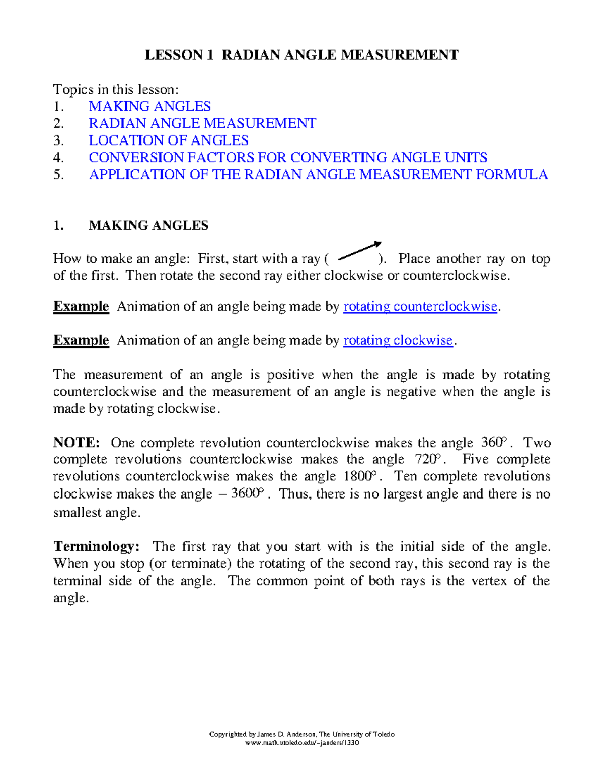 Lesson 1 - Notes from class - LESSON 1 RADIAN ANGLE MEASUREMENT Topics ...