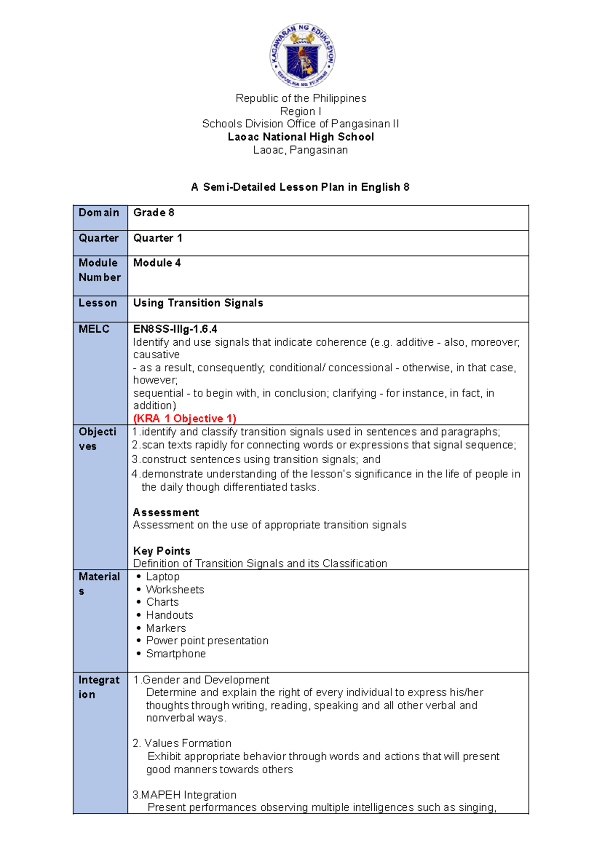Lesson Plan on Teaching Transition Signals - Republic of the ...