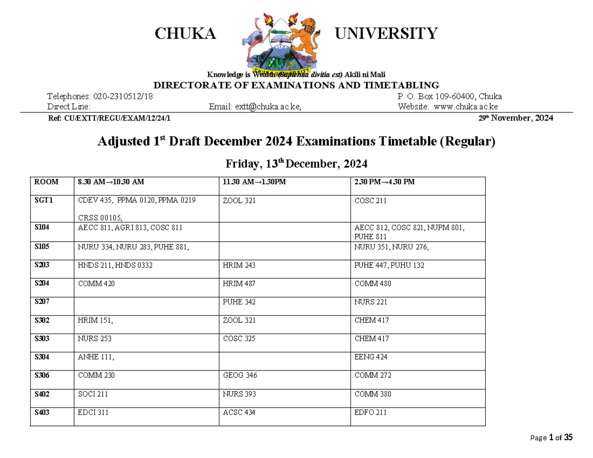 Adjusted 1st Draft December 2024 Regular Examinations Timetable-1 ...