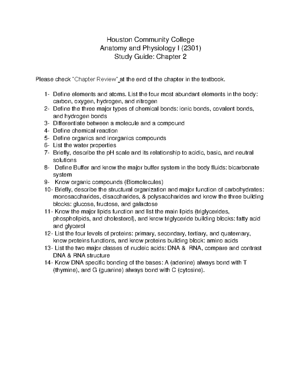 HCC AP I Study Guide Chapter 2-1 - Houston Community College Anatomy ...