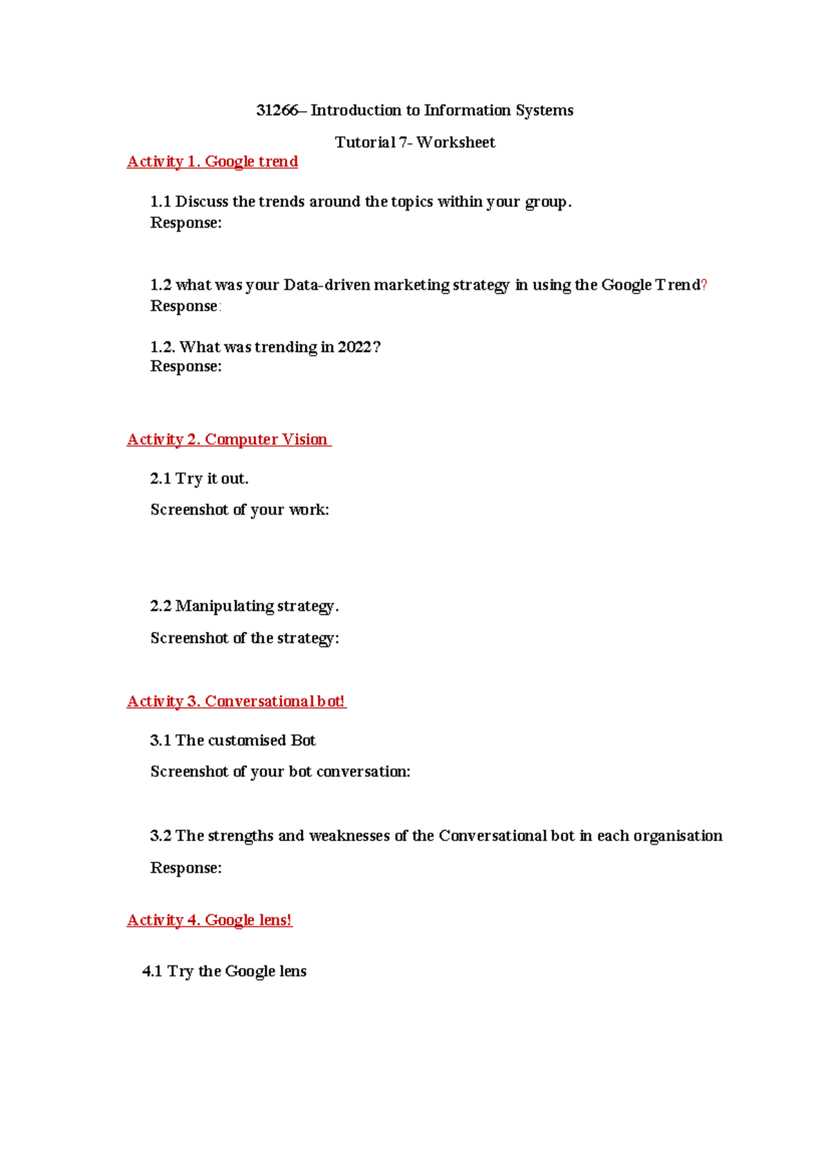 Worksheet- 7-1 - 31266– Introduction to Information Systems Tutorial 7- Worksheet Activity 1 ...