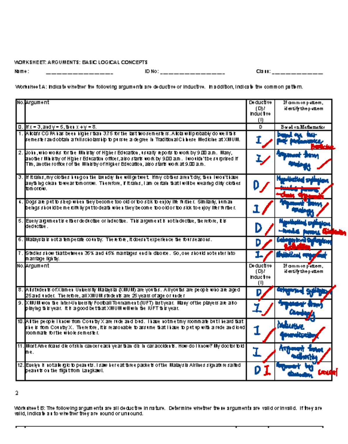 Argument - WORKSHEET: ARGUMENTS: BASIC LOGICAL CONCEPTS Name ...