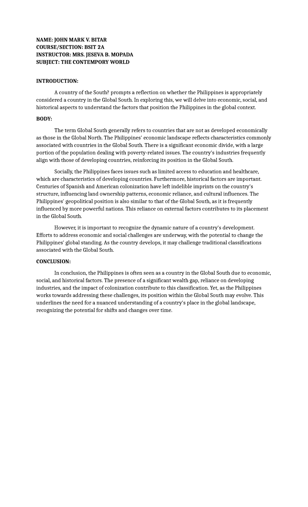 Activity Essay 102434 - NAME: JOHN MARK V. BITAR COURSE/SECTION: BSIT ...