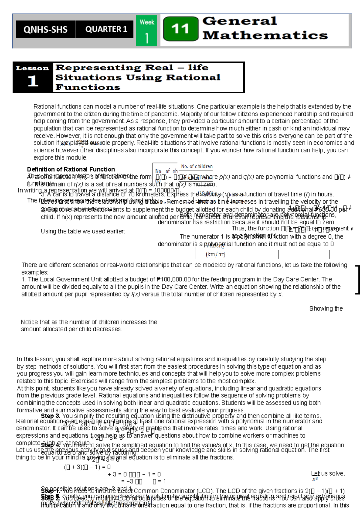 Q1 Week 2 Module - Rational functions can model a number of real-life ...