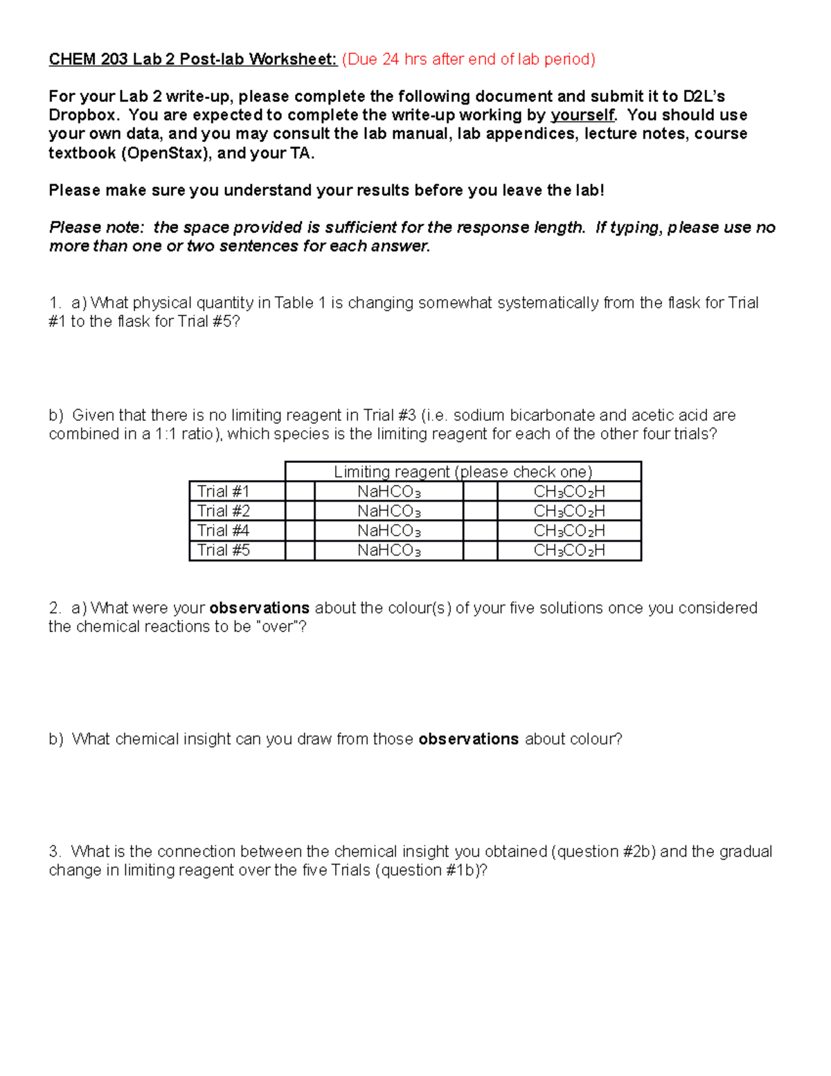 CHEM203 F22-Lab 2 Worksheet - CHEM 203 Lab 2 Post-lab Worksheet: (Due 24 hrs after end of lab ...
