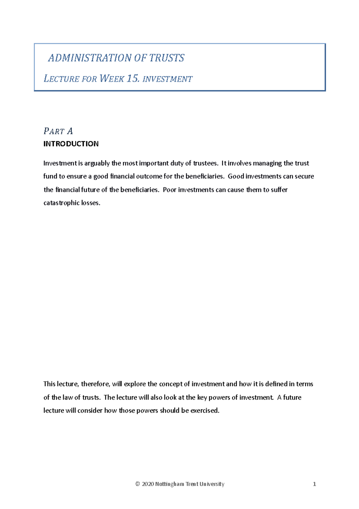 Trusts Law - Investments lecture notes - ADMINISTRATION OF TRUSTS ...