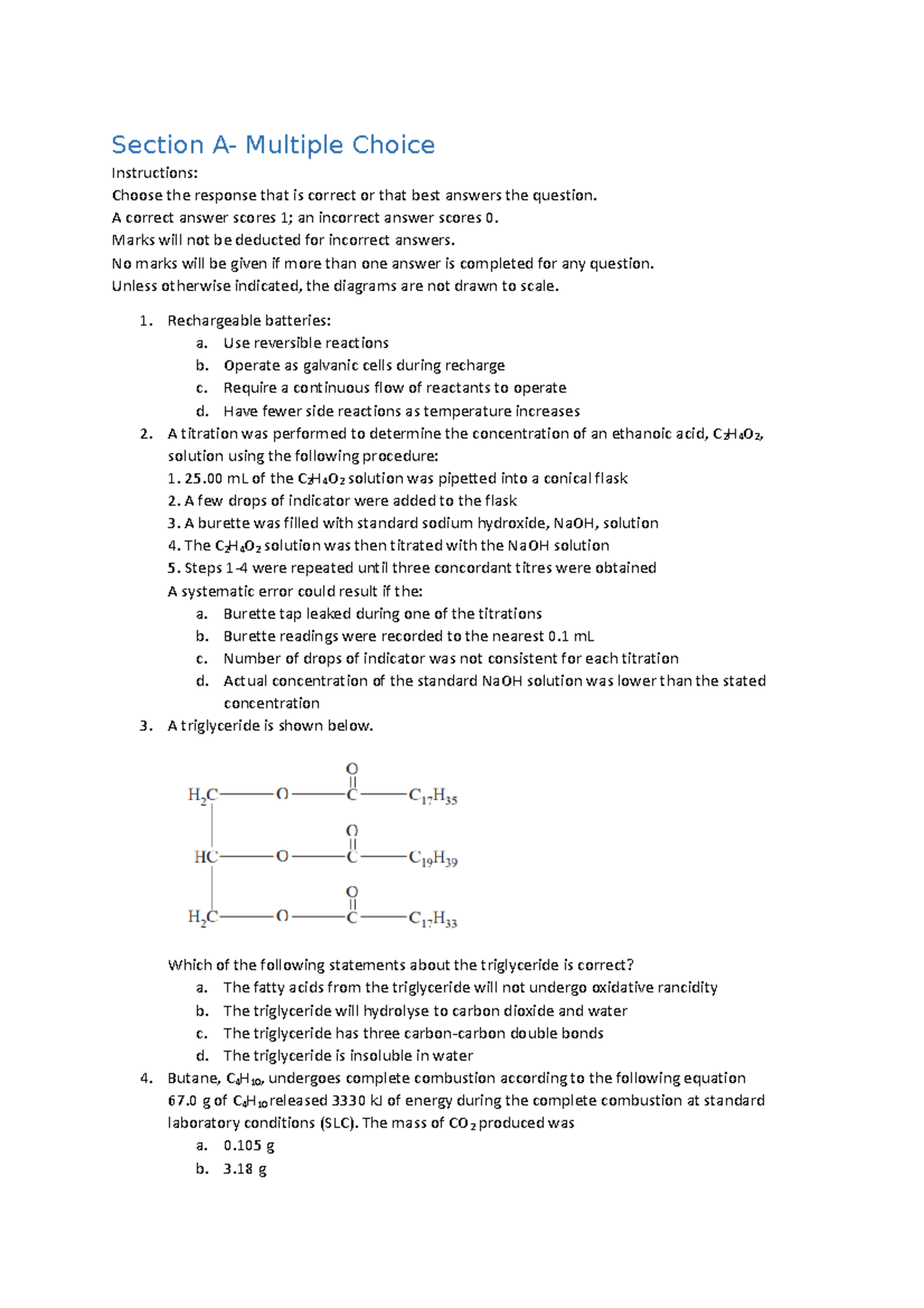 Short VCE practice exam (1 hour) - Section A- Multiple Choice ...