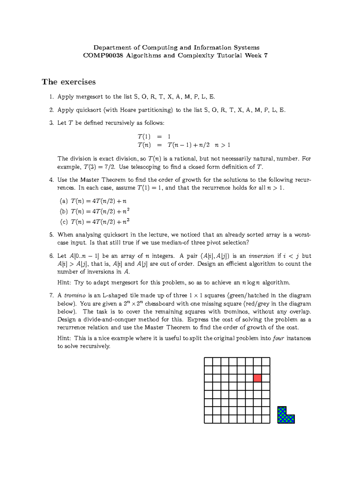 Tute-07 - TUT w/ Answeres - Department of Computing and Information Systems COMP90038 Algorithms ...