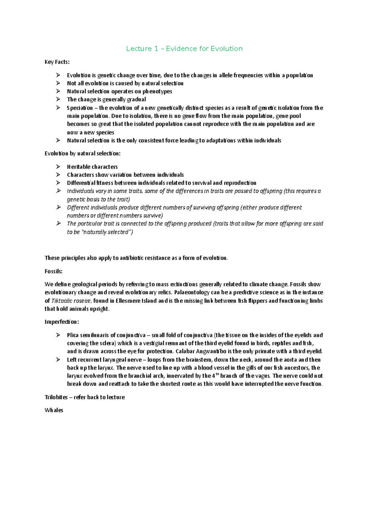 GED Evo 1 Summary - Lecture 1 – Evidence for Evolution Key Facts ...