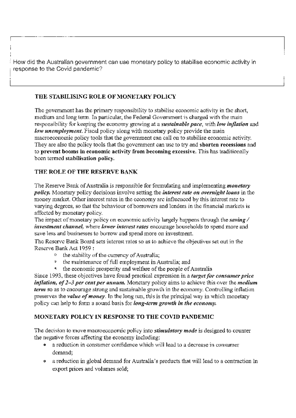 THE Stabilising ROLE OF Monetary Policy - Recent Stances - Studocu