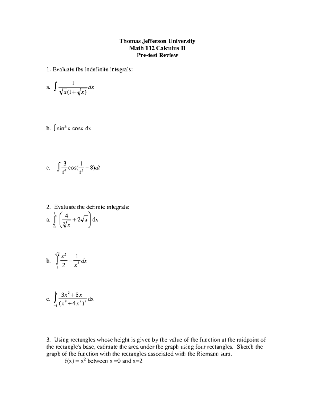 112 Pre-test Review 19 - Thomas Jefferson University Math 112 Calculus ...